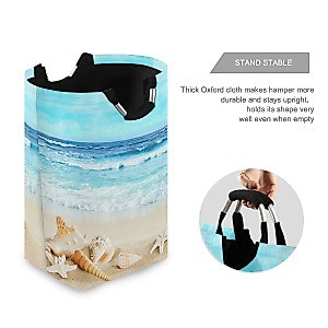 Exnundod Large Storage Basket Beach Theme Laundry Baskets Washing Hamper, Sandy Shell Starfish Collapsible Dirty Clothes Organizer Bag with Handle Oxford Waterproof Bag 22.7 Inch