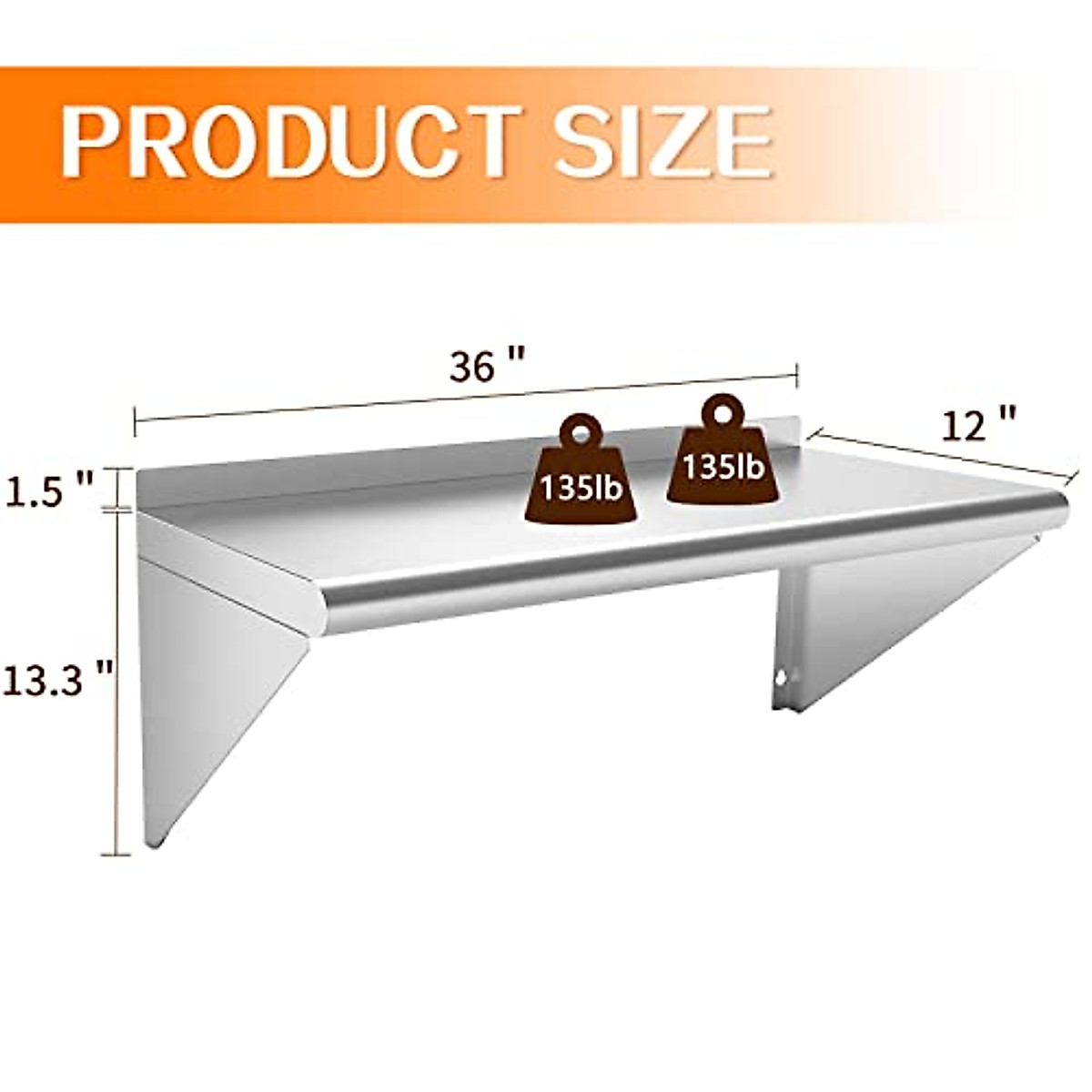 HOCCOT Wall Stainless Steel Shelf 12 x 36”, Heavy Duty 270 lb Metal Shelf, Commercial Wall Mounted Food Service Storage Rack Shelves for Kitchen, Restaurant, Food Truck, Garage, Laundry Room