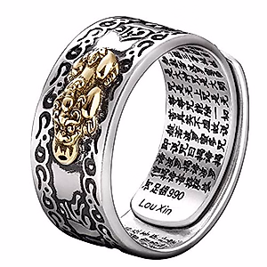 GANGJI Feng Shui Pixiu Mani Mantra Ring Buddhist Protection Wealth Ring Adjustable Ring with Health Lucky Love Gift For Family