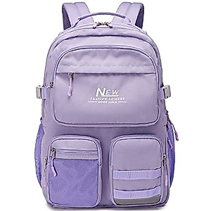 El-fmly Big School Backpack Bookbag for Teen Students, Multi Pockets Water Resistant Casual Daypack with 15.6 inch Laptop pocket for Travel(Purple)