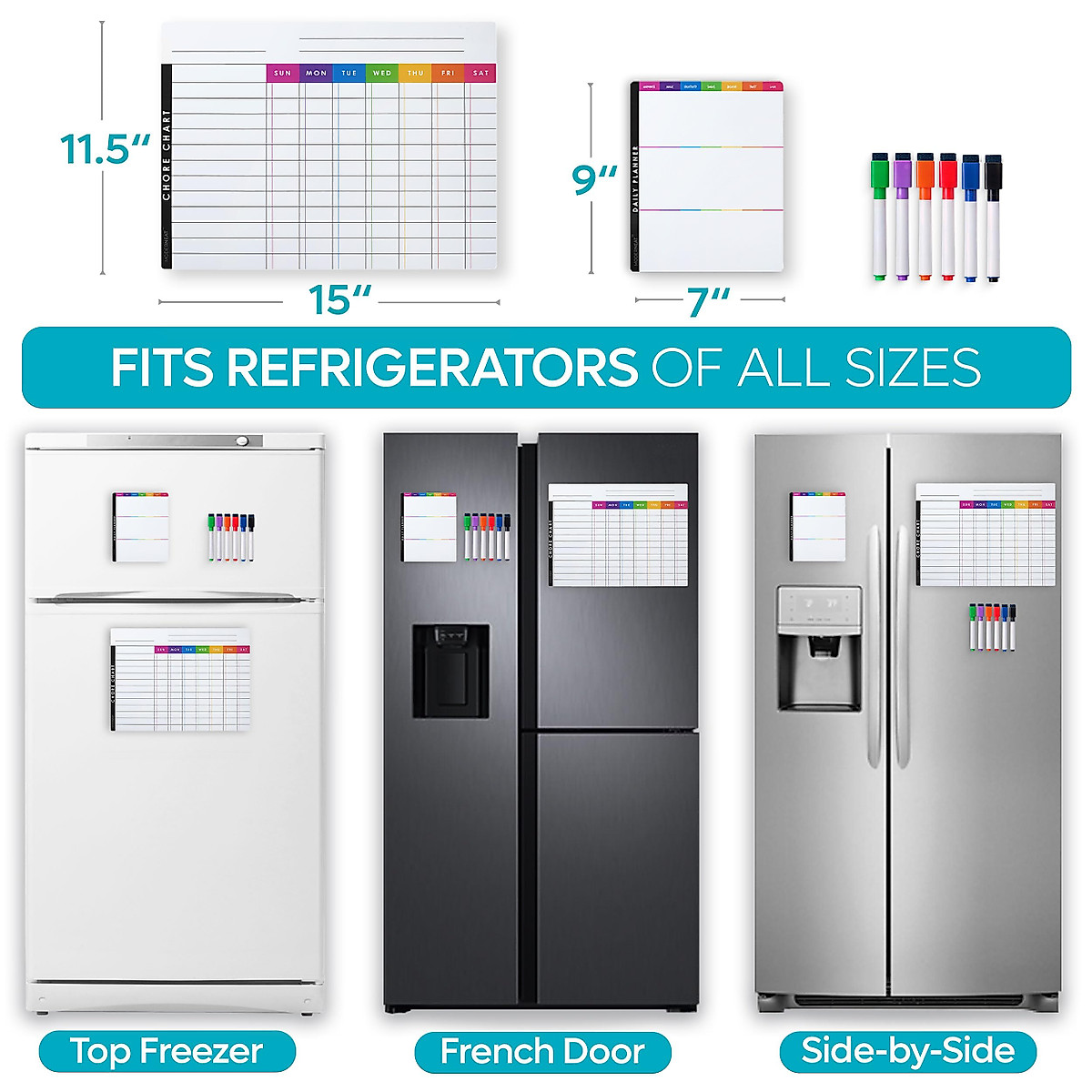 Magnetic Chore Chart Dry Erase Whiteboard Set - Reward Chores Chart for Multiple Kids, Teens & Adults (11.5"x 15"), Daily To-Do, Grocery, Notes (7"x 9") -Behavior Chart For Fridge & 6 Fine Tip Markers