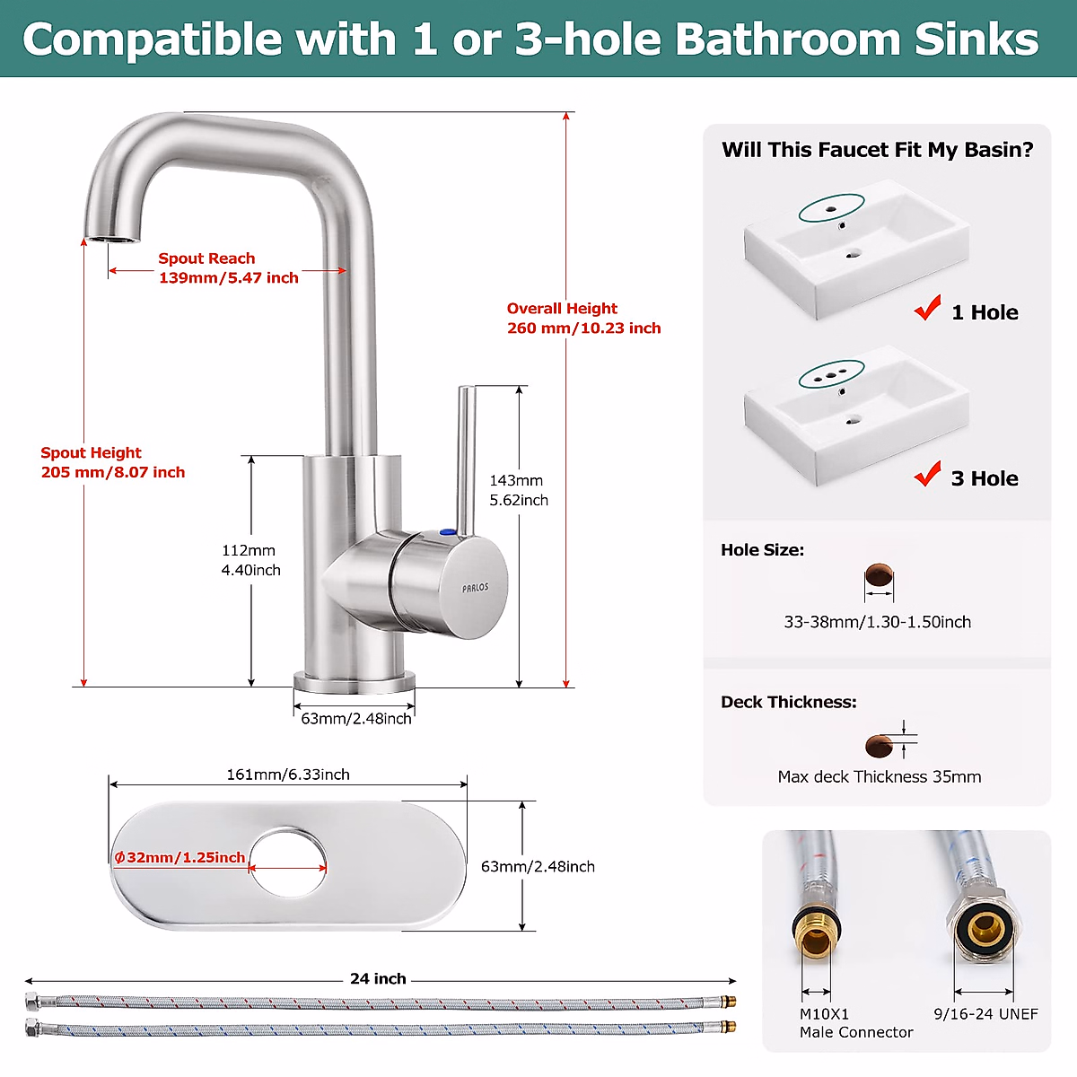 PARLOS Single Handle Wet Bar Faucet Swivel One Hole Kitchen Prep Sink Faucet with 6 inch Deck Plate, Brushed Nickel, 1440302PD