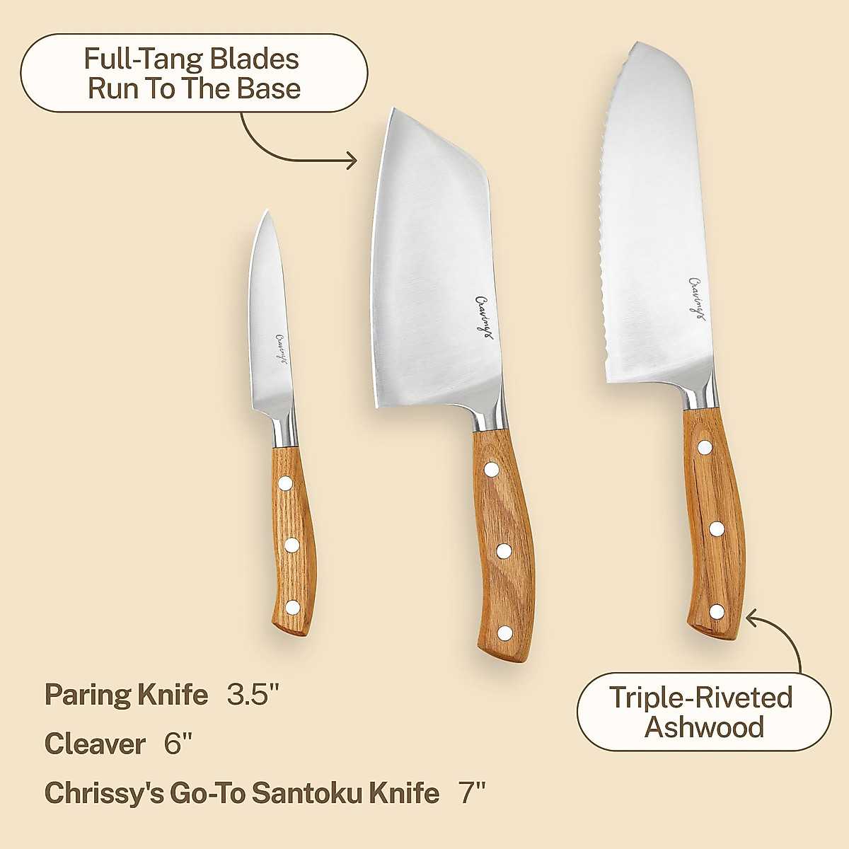 Cravings Greatest Hits 3-Piece Kitchen Knife Set – Includes 6-Inch Cleaver, 7-Inch Santoku Knife, and 3.5-Inch Paring Knife – Full-Tang Stainless Steel Blades with Triple-Riveted Ashwood Handles
