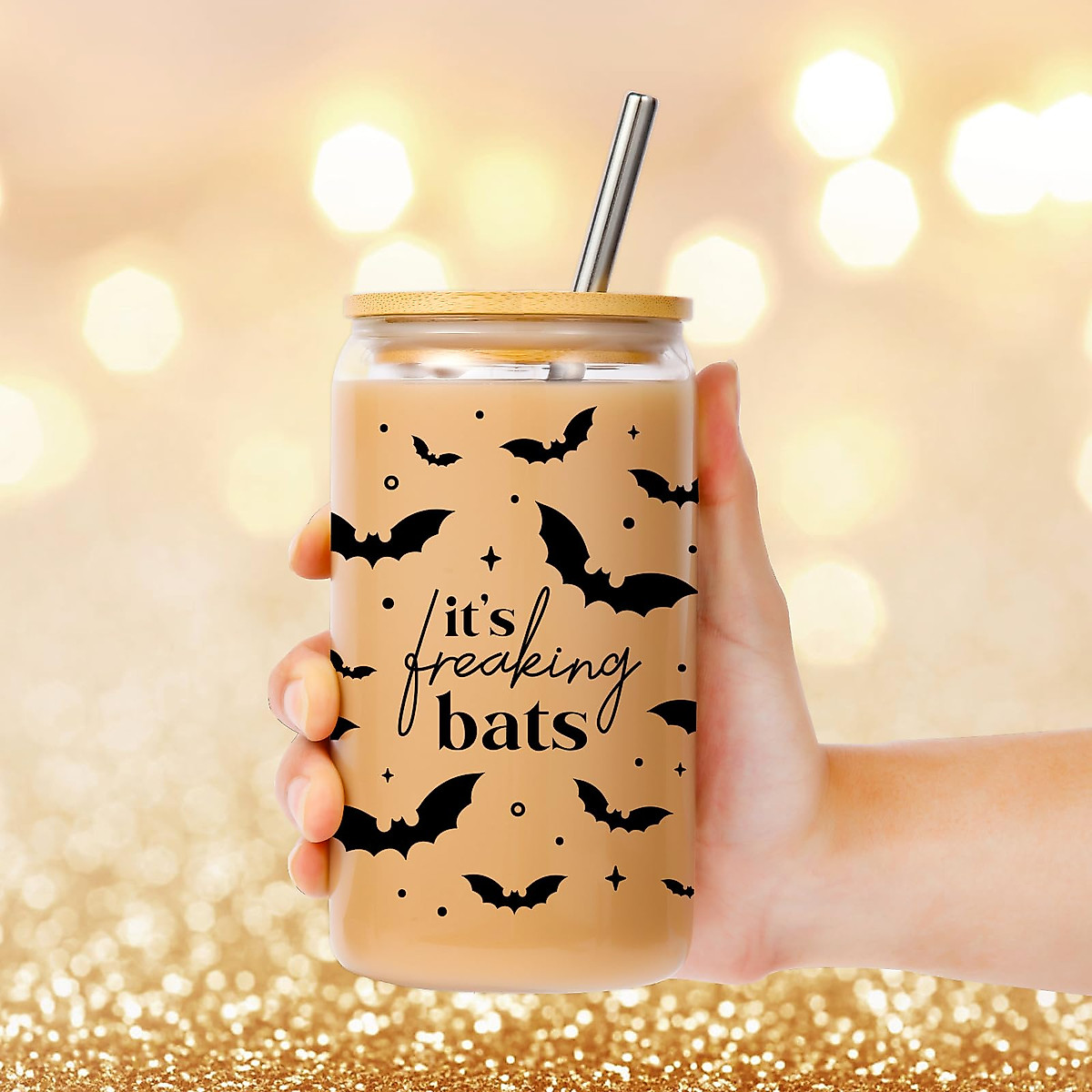 Lovearth Halloween Bats Cup, Gothic Bat Iced Coffee Cup, 16oz Halloween Glass Cup with Lid and Straw, Spooky Gifts, Cute Halloween Gifts for Women, Men, Bat Lovers, Gifts for Halloween Lovers