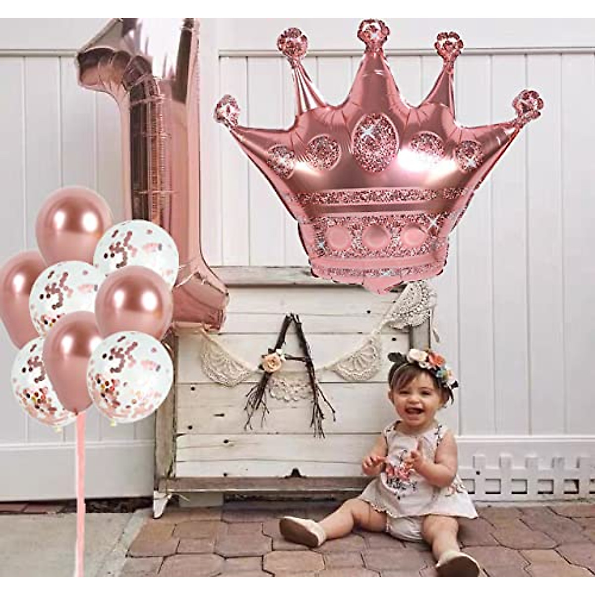 KUNGOON 1st Birthday Balloon,Rose Gold Number 1 Mylar Balloon,Funny Sweet 1st Birthday Crown Aluminum Foil Balloon Decoration for baby girl.