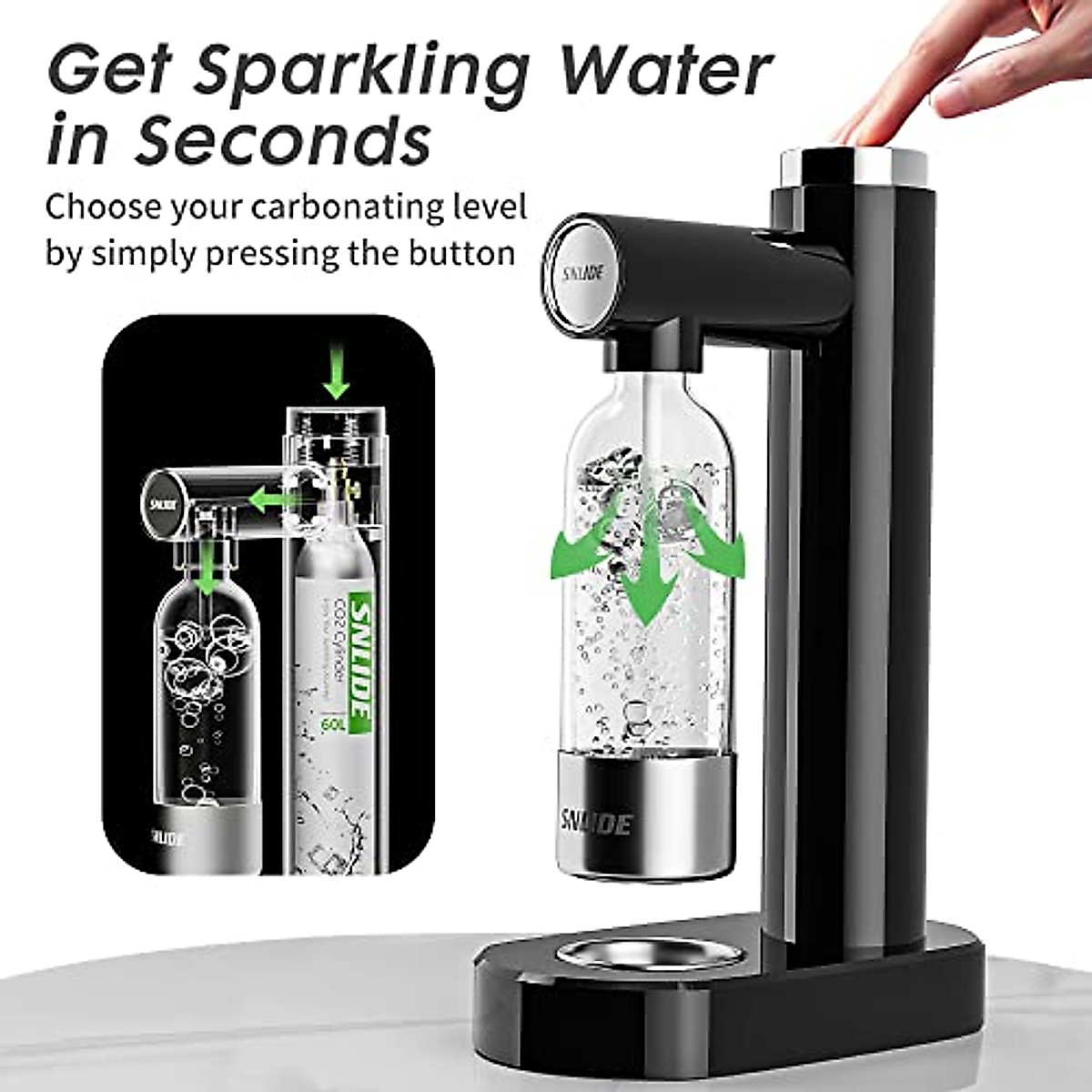 SNLIDE Soda Maker, Soda Water Machine with 1L BPA Free Pet Bottle & DIY Stickers, Easy to Operate, Sparkling Water Maker for Home, Compatible with Screw-in 60L CO2 Exchange Carbonator (NOT Included)