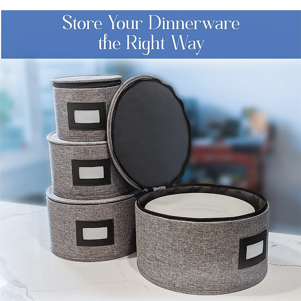 CHINA STORAGE CONTAINERS, Plate Storage include: 4 China Storage Containers Hard Shell Polyester, with 48 Round Felt Pot Protectors for Stacking, China Storage includes Bonus Drawstring Bag.