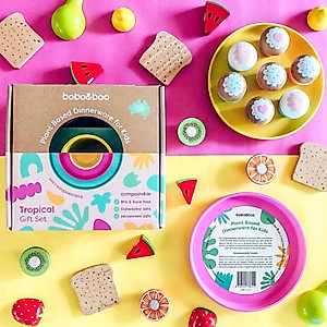 BOBO&BOO Plant-Based Dinnerware Set for Kids | Microwave & Dishwasher Safe | BPA & Melamine Free | Reusable Kids 3 Piece Set Cup, Plate and Bowl - TROPICAL