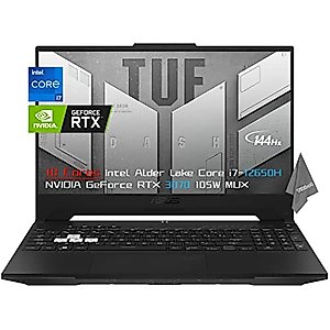 ASUS 2022 TUF Dash 15.6" 144Hz Thin Flagship Gaming Laptop, 10 Cores Intel Alder Lake i7-12650H, GeForce RTX 3070 105W MUX, 16GB DDR5, 1TB SSD, Backlit KB, Wi-Fi 6, Thunderbolt 4