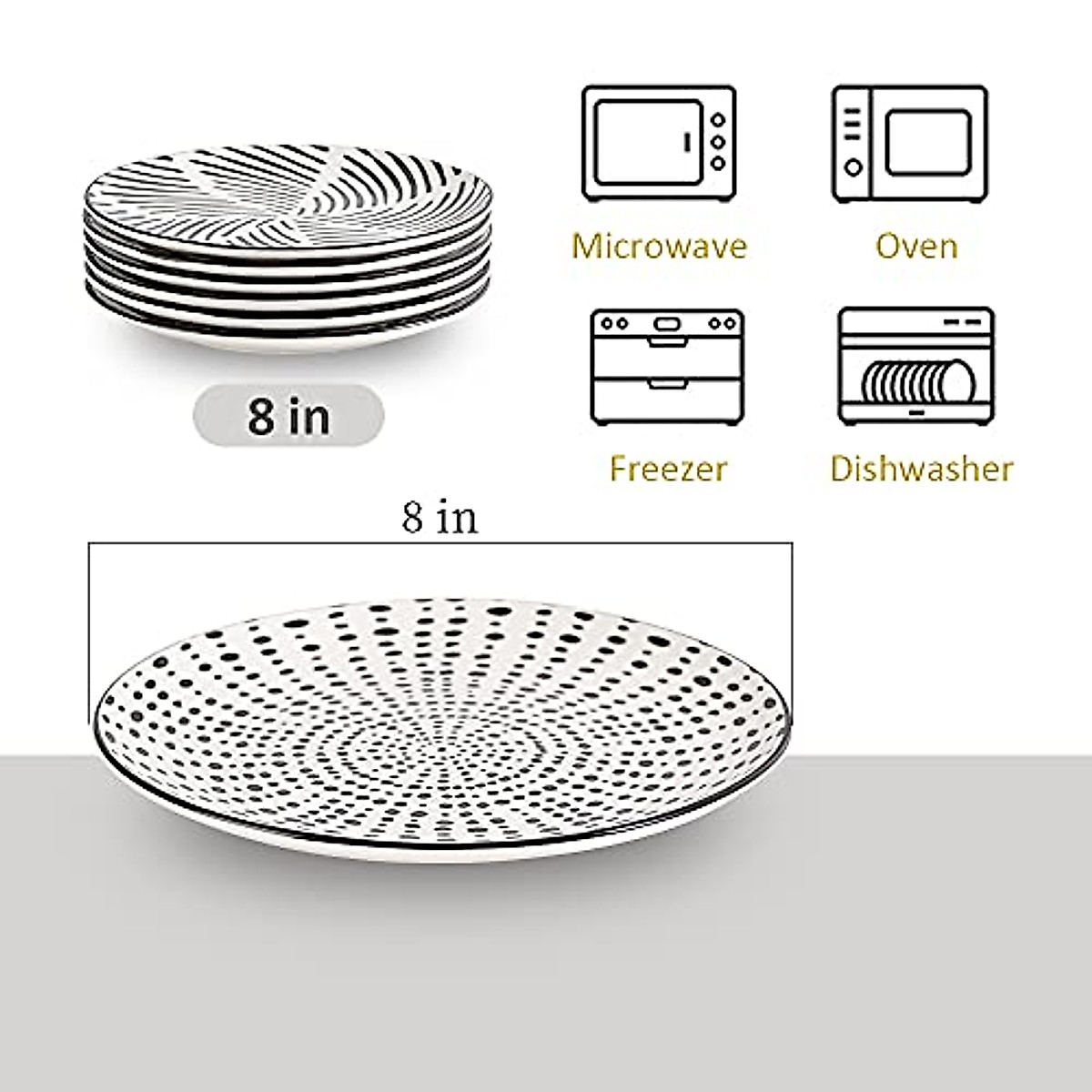 AHX Black Plate Set 8 Inch - Salad Plates | Dessert Appetizer Plates - Porcelain Lunch Plates - Set of 6 - Dishwasher and Microwave Safe