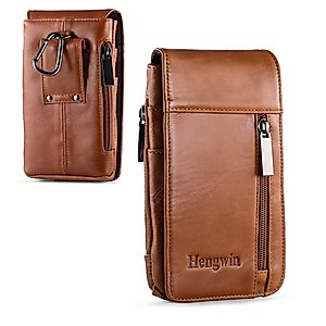 Hengwin Phone Belt Pouch fits for iPhone XR 15 14 13 12 11 Pro S23 Holster Wallet Case with Belt Clip Belt Loop Leather Cell Phone Purse Belt Bag for Men (Fits for Phone with Medium Case on) (Brown)