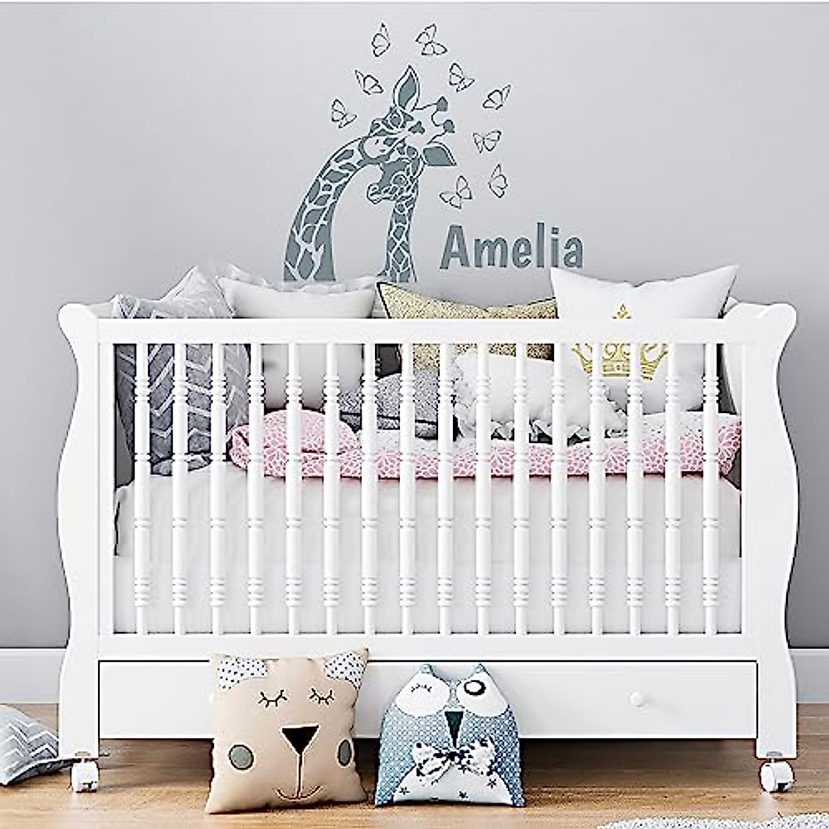 Mom Giraffe with Kid Drawing Name Amelia Wall Decor - Lovely Giraffe Family Picture Baby Name Wall Decals - Two Giraffes Parent with Kid Name Stickers for Wall