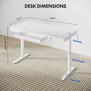 SANODESK Standing Desk with Drawer, Electric Height Adjustable Home Office Desk with Storage & USB Ports, 55 inch White Wood Tabletop/White Frame