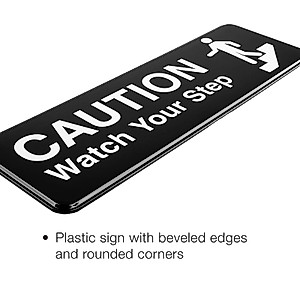 Excello Global Products Caution Watch Your Step Sign: for Business Restaurants Offices Indoor Outdoor Use Easy to Mount Informative Plastic Sign with Symbols 9” x 3”, Pack of 3 (Black)