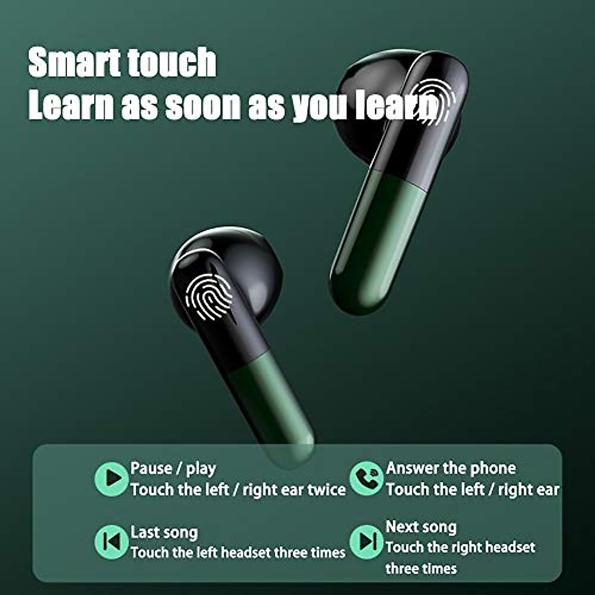Wireless Touch Earbuds with Active Noise Cancellation Bluetooth 5.0 Sport 3D Stereo Built-in Microphone,Immersive Premium Sound Long Distance Connection Headset with Charging Case (Dark Green),J28