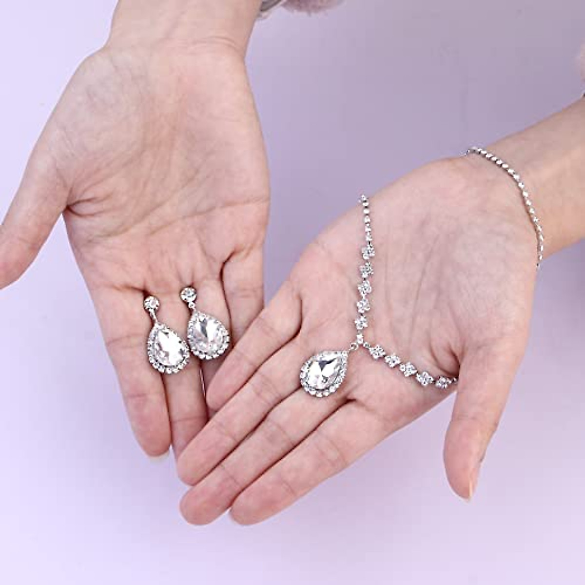 THUNARAZ Silver Bridal Jewelry Set Rhinestone Crystal Necklace Bracelet Dangle Earrings for Women Brides Bridesmaid Prom Costume Accessories