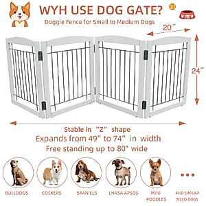 ZJSF Freestanding Foldable Dog Gate for House Extra Wide Wooden White Indoor Puppy Gate Stairs Dog Gates Doorways Tall Pet Gate 4 Panels Fence