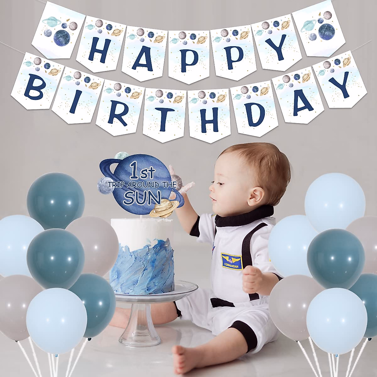 First Trip Around The Sun Birthday Decorations for Boy, Space One High Chair Banner & Galaxy Happy Birthday Garland, Planet Cake Toppers for 1st Birthday Party Supplies