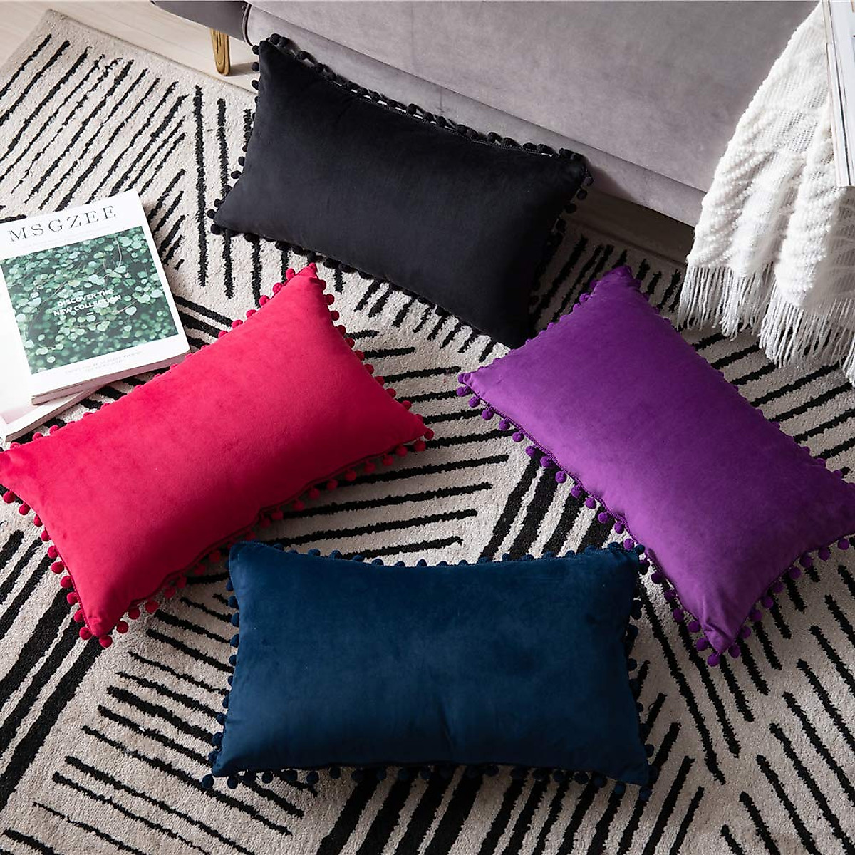 DEZENE Decorative Pillow Covers 12x20 Black: 2 Pack Cozy Soft Pom-poms Velvet Rectangular Throw Pillow Cases for Farmhouse Home Decor