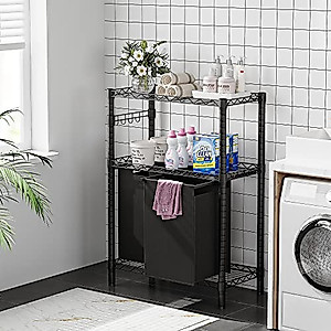 Laundry Sorters with 2 X 45L Laundry Bags & 2 Tier Adjustable Storage Shelf, Pull-Out and Removable Oxford Fabric Laundry Baskets, Black