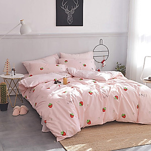 EAVD Kawaii Strawberry Duvet Cover Queen Pink Soft 100% Cotton Cute Strawberry bedding Set for Girls/boys Women Japanese Strawberry Comforter Set Full Aesthetic bedding Set(NO Comforter)