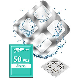 Yempum Disposable Shower Drain Hair Catcher 50 Pack Square Disposable Drain Hair Catcher Drain Covers Bathroom Laundry Bathtub Kitchen Sink Floor Drain Sticker for Human & Pet Hair 4" X 4"