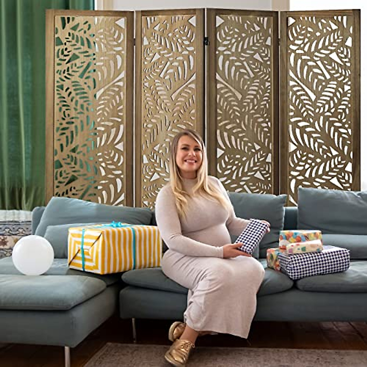 ECOMEX Cut-Out Room Dividers,5.6 FT Floral Cutouts Foldable Panel,Privacy Wall Portable Room Dividers Screen Wood Room Mesh Durable Design Freestanding Wooden Separator for Office(Brown Cut-Out)