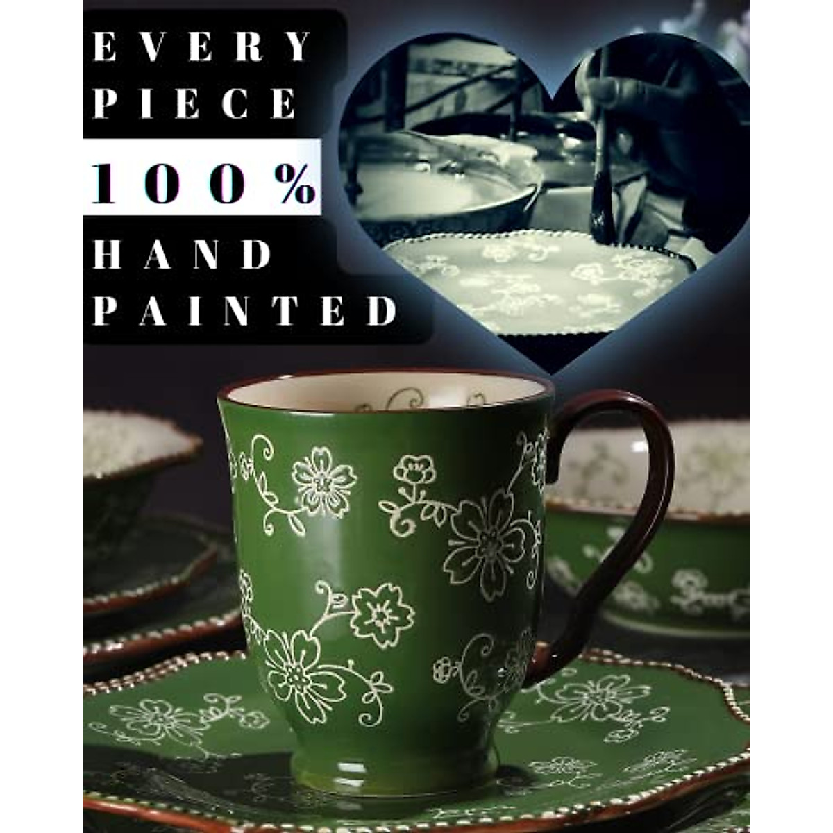 KUNABOO Artisanal Ceramic Mugs, Ceramic Coffee Cups, Coffee Mug Set of 2-11 oz -Sakura Floral Series Pine Green - Ready to Wrap Gift