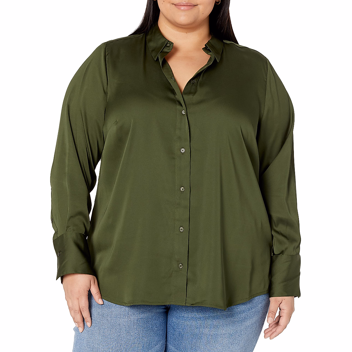 Amazon Essentials Women's Classic-Fit Satin Button Down Blouse (Available in Plus Size), Dark Olive, X-Large