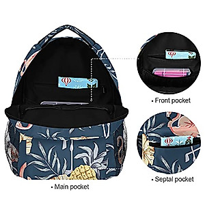 ALAZA Tropical Pink Flamingo Birds Hibiscus Flowers Pineapples Palm Leaves Navy Junior High School Bookbag Daypack Laptop Outdoor Backpack