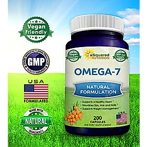 Purified Omega 7 Fatty Acids - 200 Capsules - from Natural Sea Buckthorn, XL Vitamin Supplement, No Fish Burp, Vegan Omega-7 Palmitoleic Acid, Compare to Omega 3 6 9 for Complete Weight Loss Results