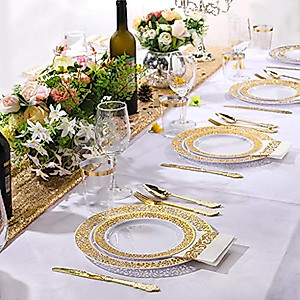 bUCLA 350PCS Gold Plastic Plates with Disposable Plastic Silverware&Hand Napkins, Gold Plastic Dinnerware Lace Design include 100 Plates,50 Forks, 50 Knives, 50 Spoons,50 Cups,50 Disposable Napkins