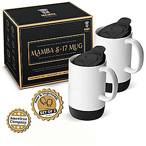 Extra Large Ceramic Coffee Mug w/Lid and Removable Silicone Base - 17 ounce Slideproof Coffee Cups w/Handle and Sip and Cover Lid - Set of 2 Dishwasher Safe Ceramic Travel Mugs - Reusable White Cup