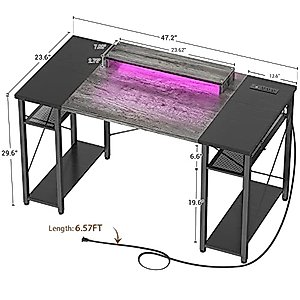 armocity Computer Desk with LED Lights, 48 Inch Desk with Power Outlet and USB, Reversible Large Desk with Moveable Monitor Stand, 48'' Gaming PC Table for Home Office, Workstation, Grey and Black