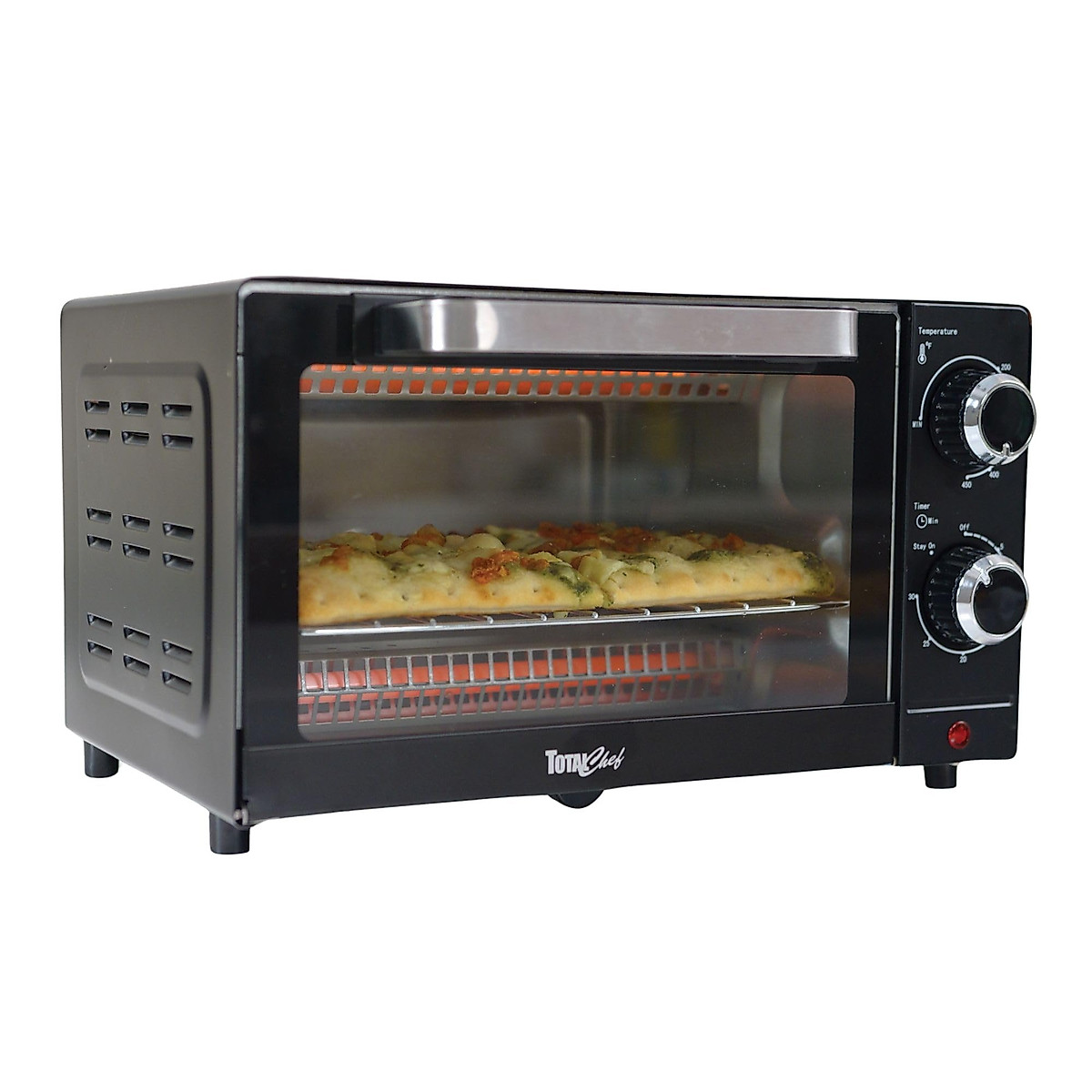 Total Chef 4-Slice Toaster Oven, 1000W, Black Compact Countertop Oven with Natural Convection, Temperature Control Dial, 30 Minute Timer, Bake, Toast, Roast, Includes Baking Pan and Toasting Rack