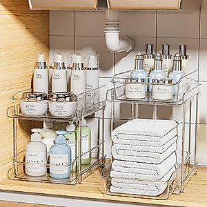 Delamu 2 Sets of 2-Tier Clear Under Sink Organizers and Storage, Multi-Purpose Stackable Bathroom Cabinet organizers, Pull Out Kitchen Pantry Organization and Storage with Dividers