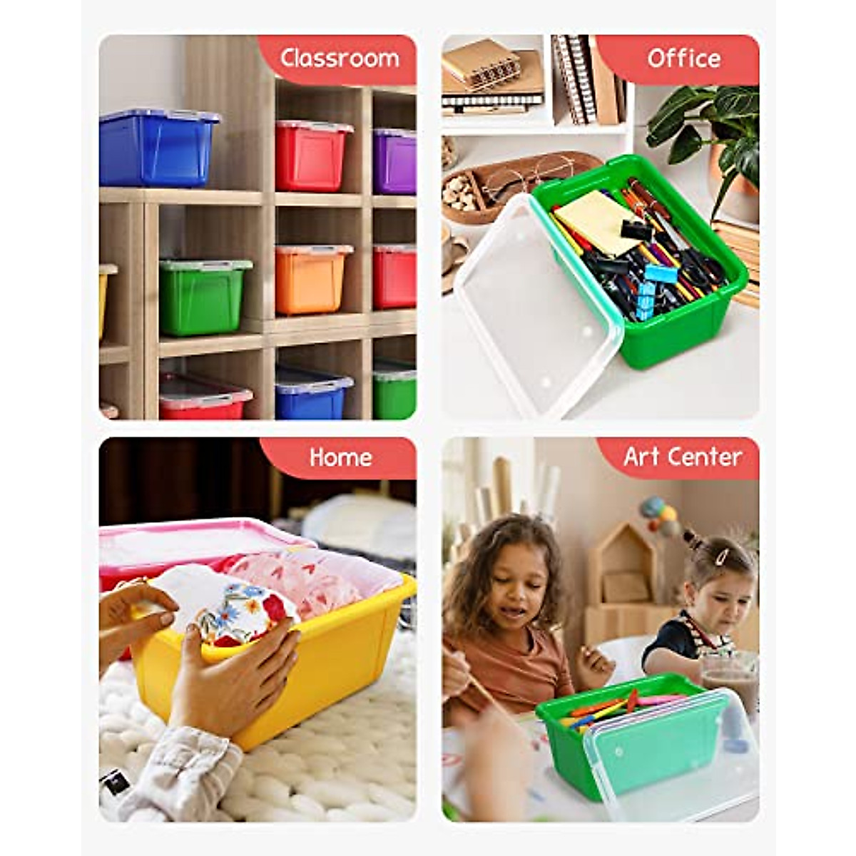GAMENOTE Multicolor Storage Bins with Lids - 5 Qt 12 Pack Small Cubby Bins Stackable Plastic Containers for Classroom Book Bin Toy Organizers (12× 7.2 × 5.1 inches)
