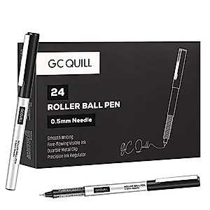 GC QUILL Rollerball Pens, Pack of 24, 0.5mm Black Liquid Ink Pens for Bullet Journaling, Fine Point Rollerball, Office Supplies for Writing, Taking Notes & Sketching BK24