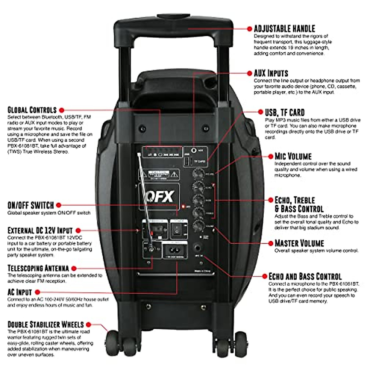 QFX PBX-61081 Rechargeable Portable Speaker | 8" Woofer | 2,600 Watts | Bluetooth, AUX, SD Card, FM Radio | Handle, Wheels, 12 Lbs | Perfect for Tailgating, Indoors, Outdoors Audio | Silver