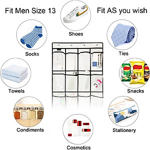 TidyMaster Extra Large Hanging Crystal Clear Over Door Shoe Organizers, Closet Shoe Organizer Shoe Rack Organizer Shoe Storage, 12+6Pockets, 4Hooks, white (59"x 21.6")