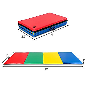 MAT EXPERT 4'x10'x2" Gymnastics Mat Thick Folding For Tumbling Exercise Gym Fitness Mat with Hook & Loop Fasteners (Multicolor)