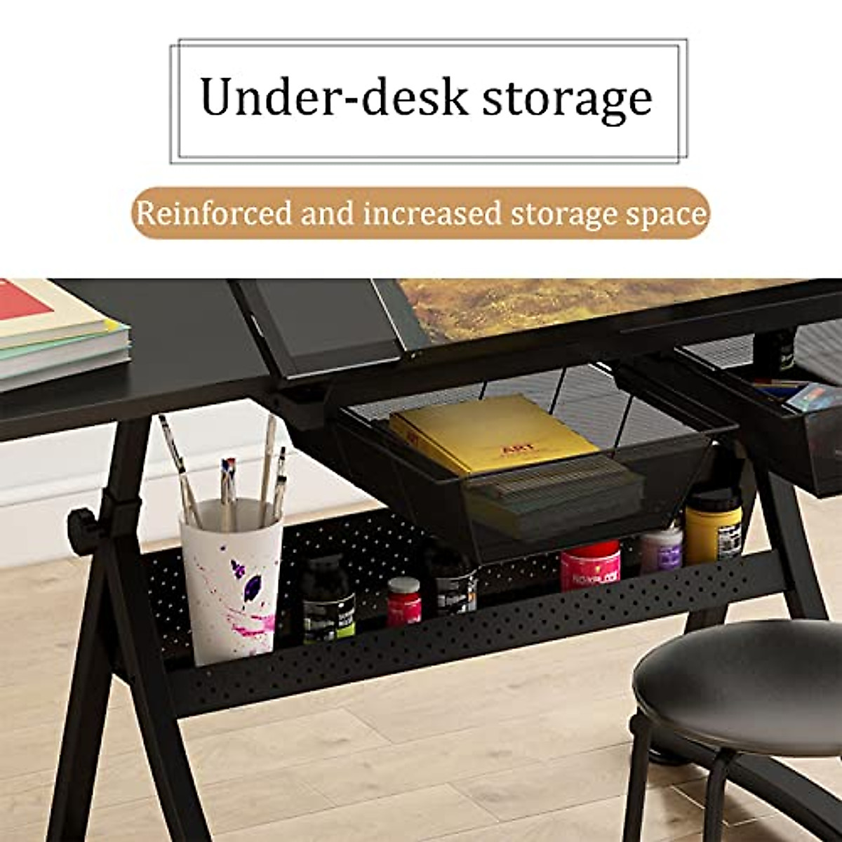 VejiA Glass Drafting Table, Height Adjustable Drawing Desk with Stool, Tiltable Desk Art Table 0°-50°, Tempered Glass Top Painting Desk, Art Craft Work Station, with