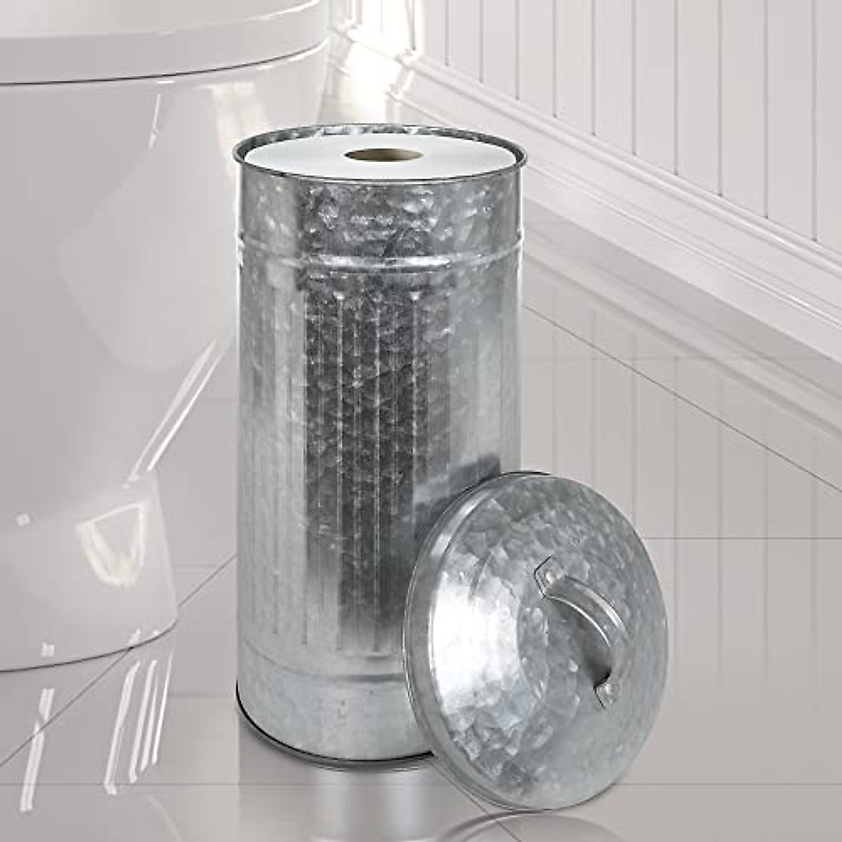 Autumn Alley Farmhouse Galvanized Metal Free Standing Toilet Paper Holder Organizer Stand Canister with Lid – Fits 3 Mega Rolls, Rustic Behind/Beside Toilet Storage Stand