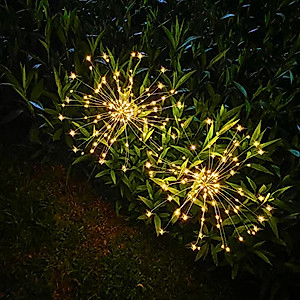 JJGoo Outdoor Solar Garden Lights, 2 Pack 120 LEDs 2 Lighting Modes Waterproof Fireworks Light for Outdoor Patio Walkway Pathway Decorative - Warm White