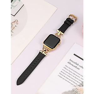 Wearlizer Leather Band Compatible with Apple Watch Band Women 42mm 44mm 45mm 49mm Ultra 2, Dressy Fancy Leather Strap Metal Buckle for iWatch Bands Series 9 8 SE 7 6 5 4 3 2 1 Black/Gold Buckle
