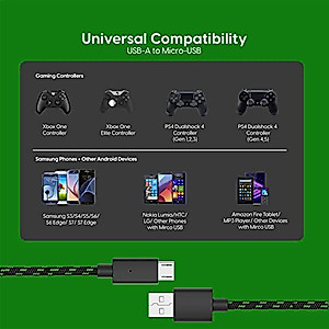 TALK WORKS Controller Charger Cord for Xbox One - 2 Pack 10 ft Nylon Braided Micro USB Charging Cable - Also Android Compatible with Samsung Galaxy, PS4