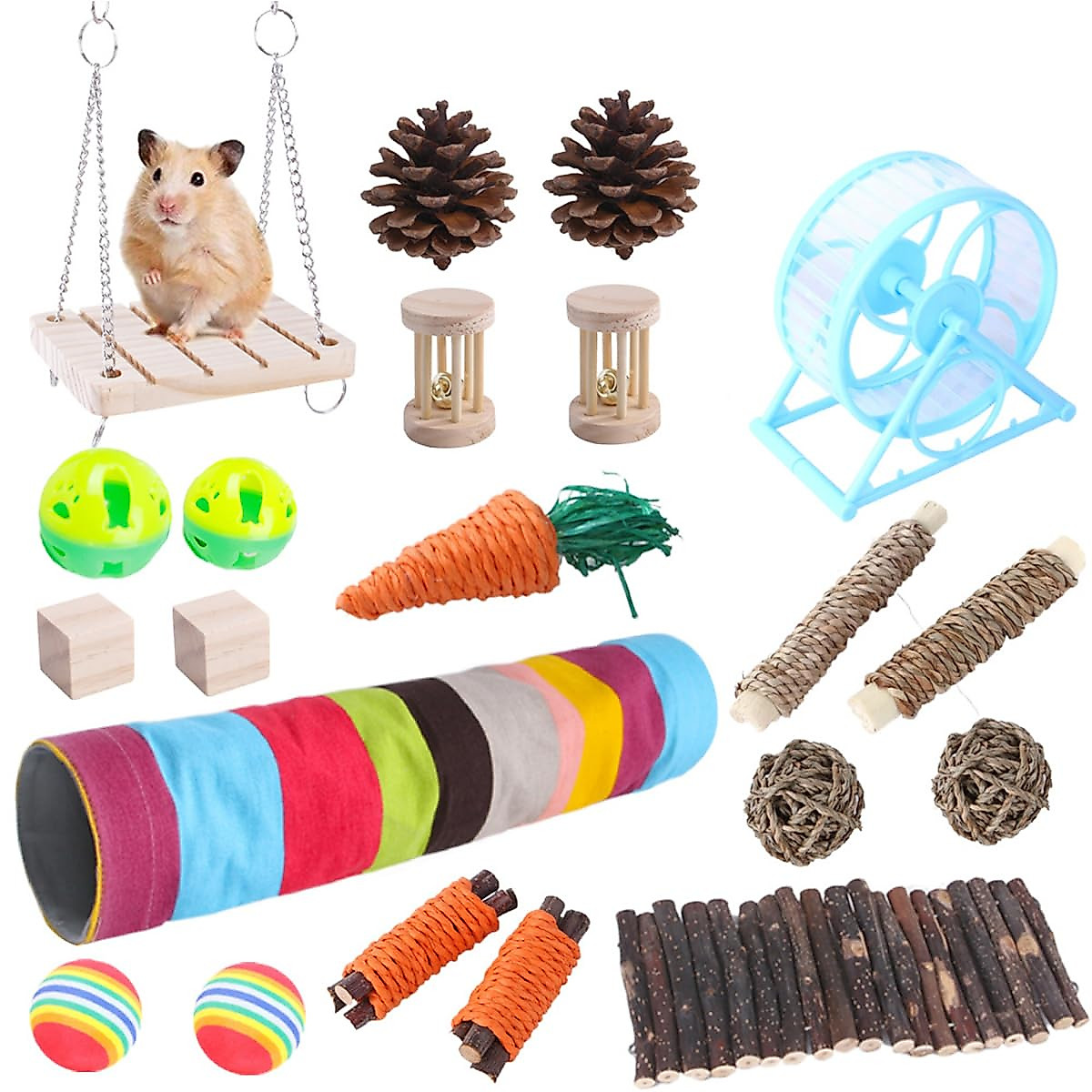 Hamster Toys, Guinea Pig Toys, 20 Pcs Wooden Hamster Toy Set Natural Apple Wood Small Animal Chew Molar Toys for Teeth for Rabbit, Chinchilla, Gerbils, Rats Exercise Accessories