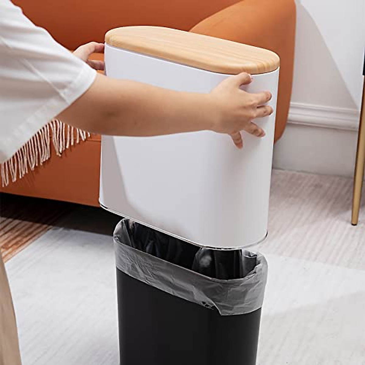 Slim Trash Can with Lid, 2.6 Gallon/10 Liter Plastic Double Barrel Wastebasket, Rectangular Garbage Container Bin for Bathroom, Bedroom, Kitchen, Office