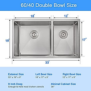ROVOGO 33x19x9 in. Undermount 60/40 Double Bowl Kitchen Sink, Stainless Steel Sink Deep Handmade 2 Offset Basin with Basket Strainer, Brushed