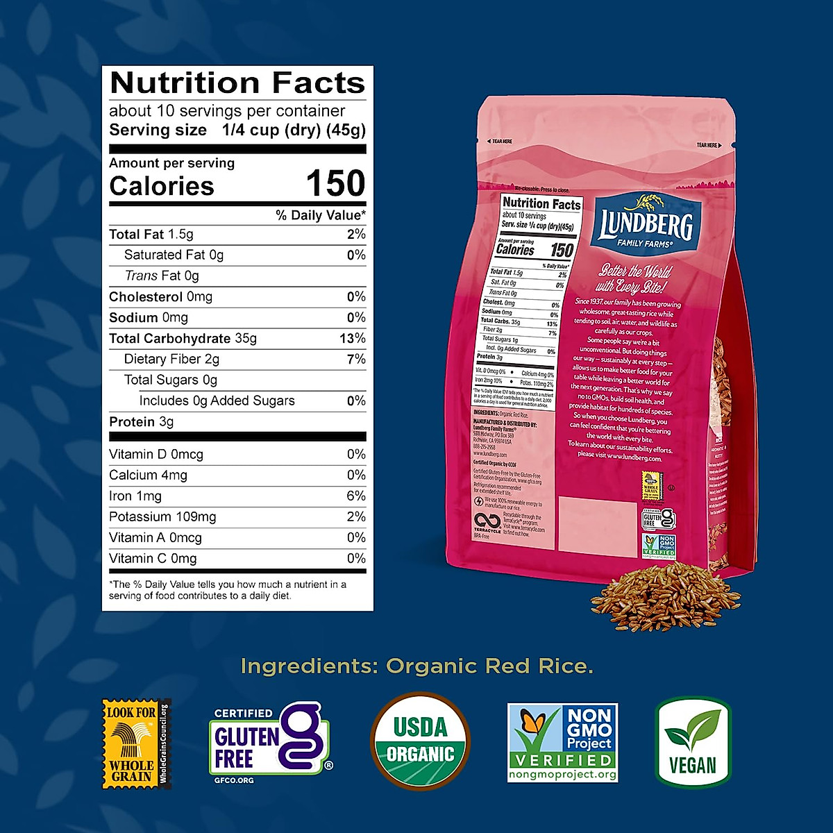 Lundberg Organic Red Jasmine Rice, Long Grain Red Rice - Non-Sticky, Fluffy Aromatic Rice, Organically Grown in California, Pantry Staples, 16 Oz